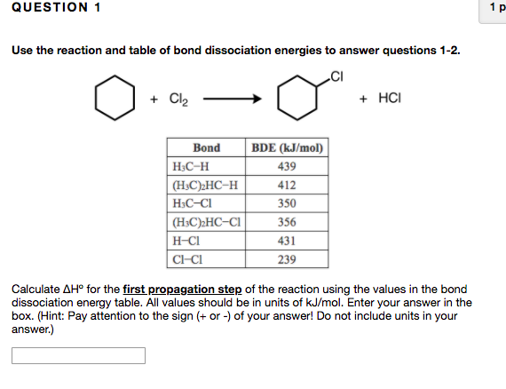 Solved QUESTION 1 1P Use the reaction and table of bond | Chegg.com