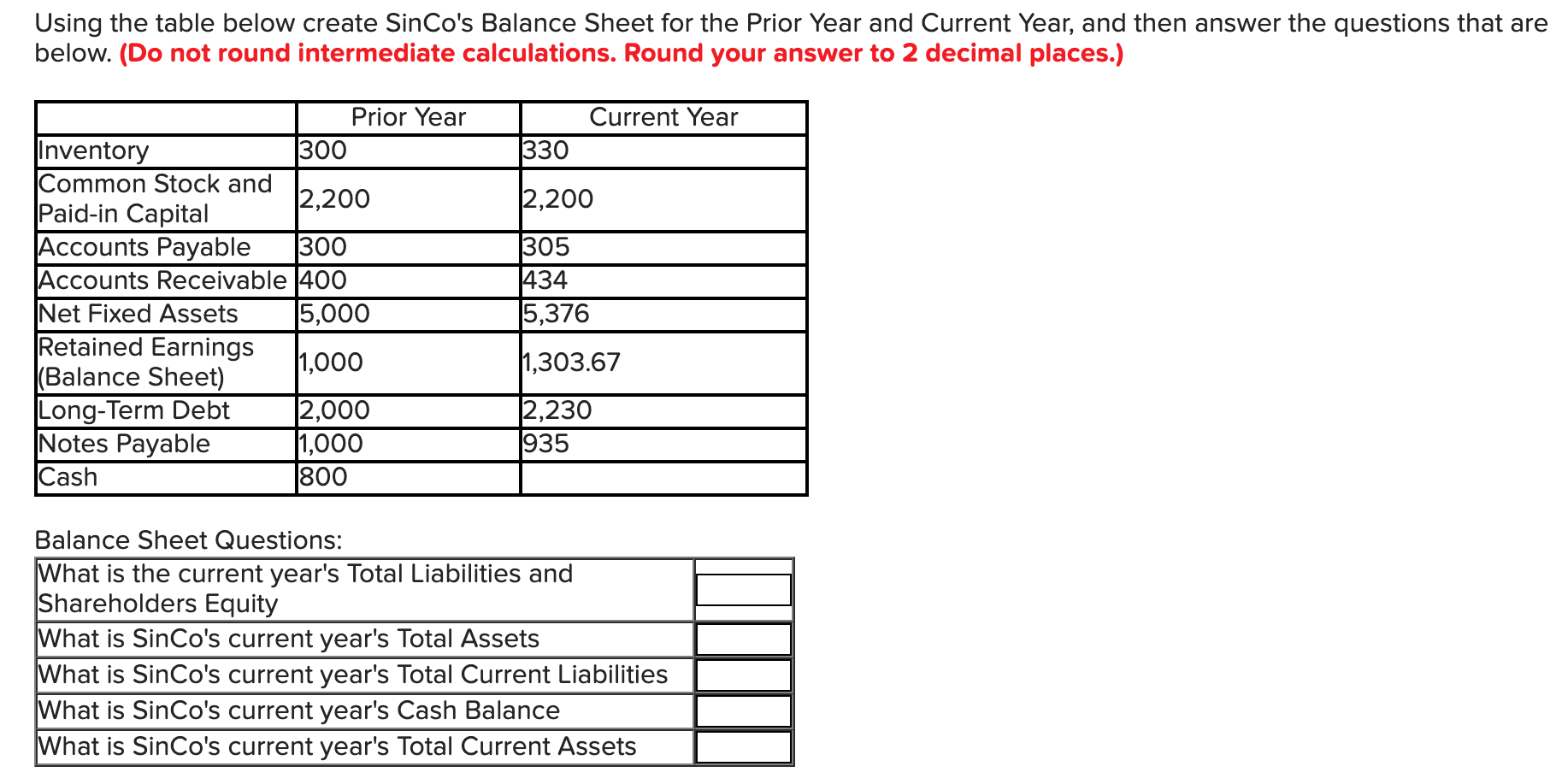Solved Using the table below create SinCo's Balance Sheet | Chegg.com