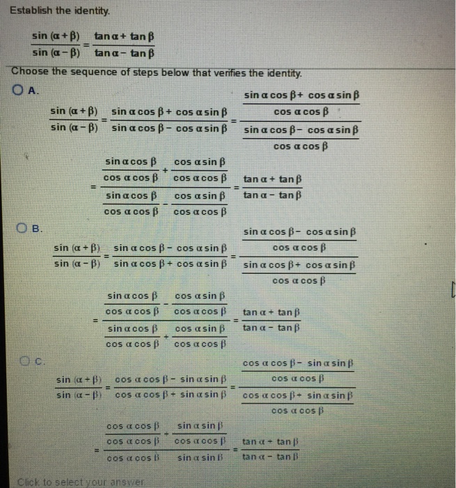 Solved Establish the identity. sin (alpha + beta)/sin(alpha | Chegg.com