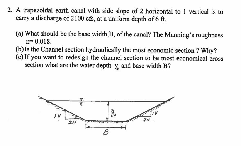 Solved 2. A trapezoidal earth canal with side slope of 2 | Chegg.com