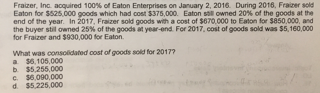 Solved Frazer, Inc. acquired 100% of Eaton Enterprises on | Chegg.com