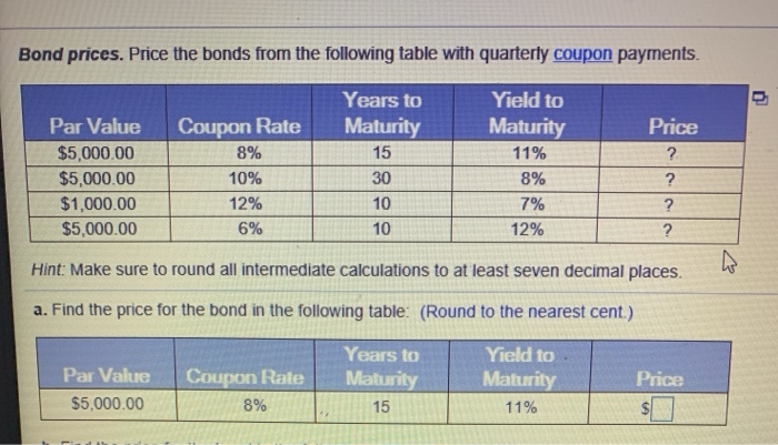 Solved Bond prices. Price the bonds from the following table | Chegg.com