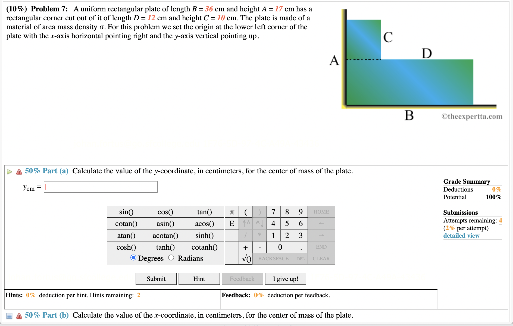 Solved (10\%) Problem 7: A uniform rectangular plate of | Chegg.com