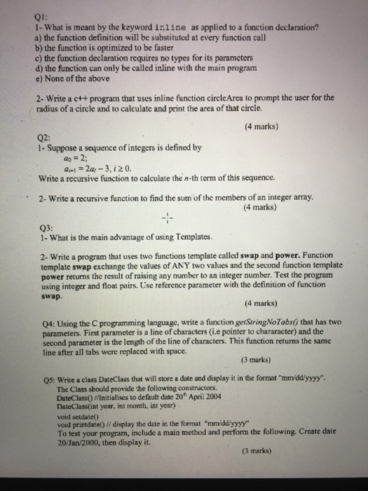 Solved What is meant by the keyword inline as applied to a | Chegg.com