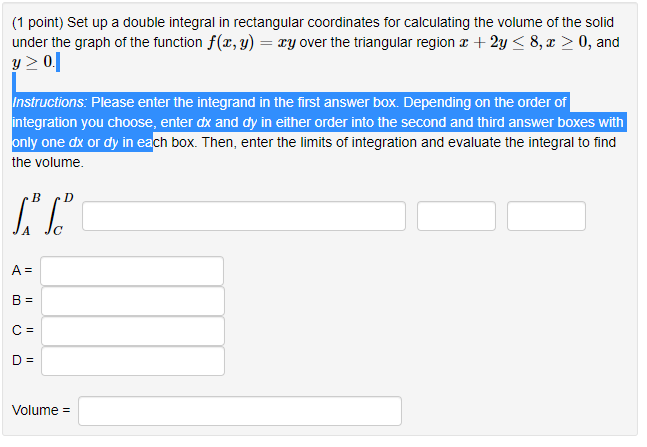 Solved (1 point) Set up a double integral in rectangular | Chegg.com