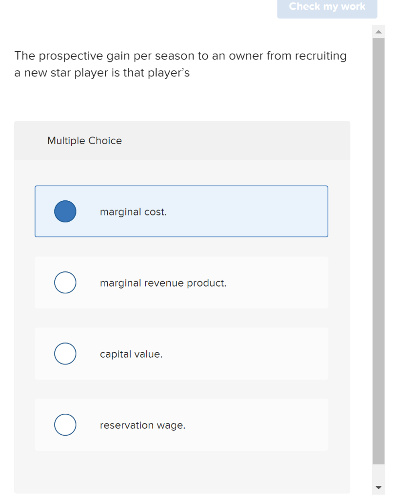 Solved Check my work The prospective gain per season to an | Chegg.com
