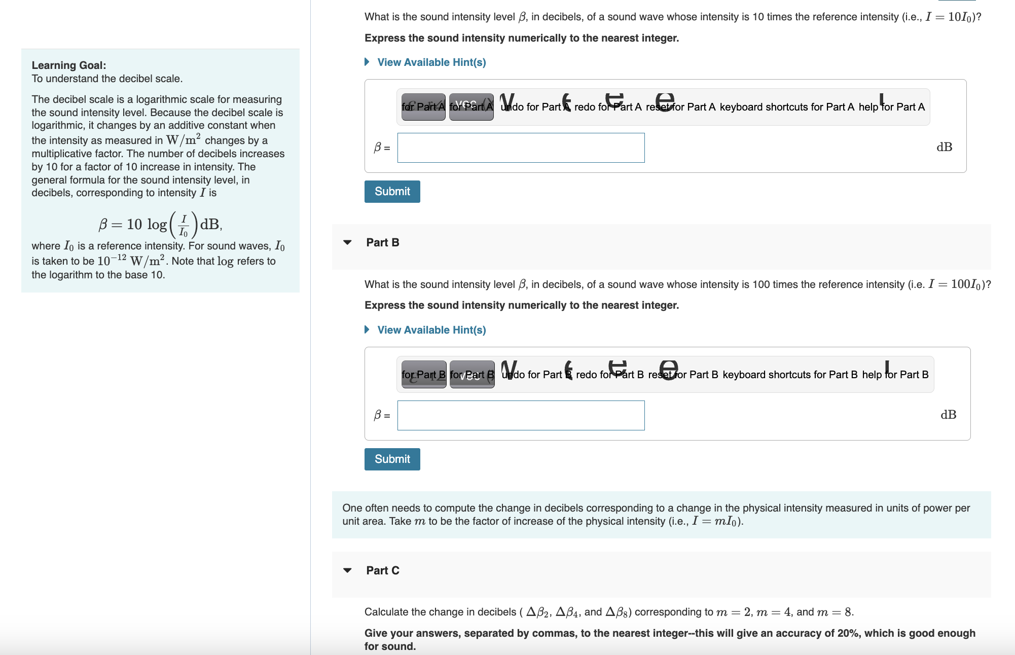 Solved What is the sound intensity level β, ﻿in decibels, of | Chegg.com