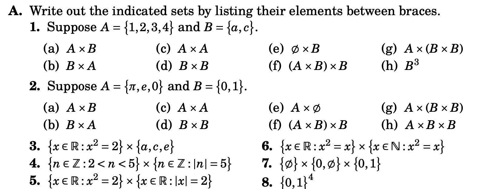 Solved A. Write out the indicated sets by listing their | Chegg.com