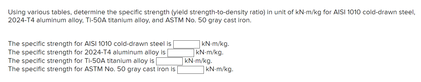 Solved Using various tables, determine the specific strength | Chegg.com