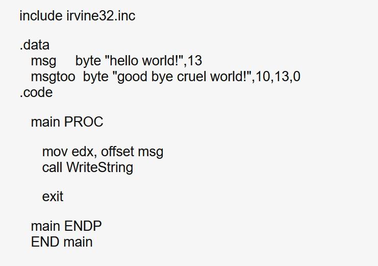 Solved include irvine32.inc .data msg byte "hello world!",13 | Chegg.com