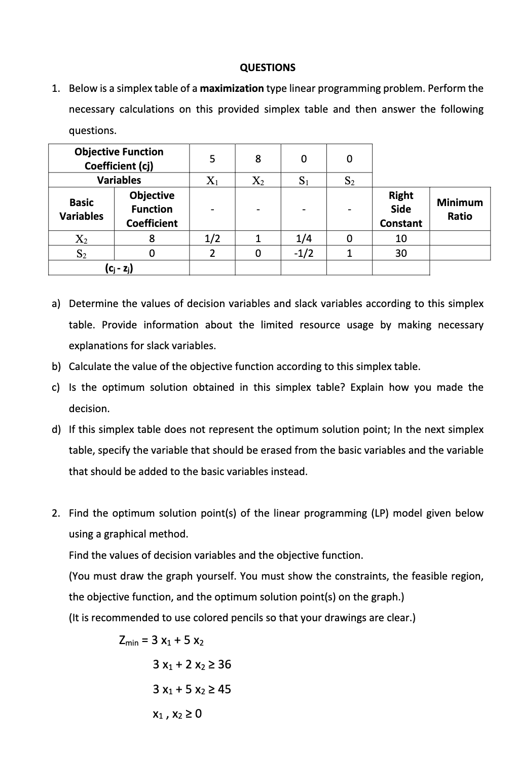 Solved QUESTIONS 1. Below is a simplex table of a | Chegg.com