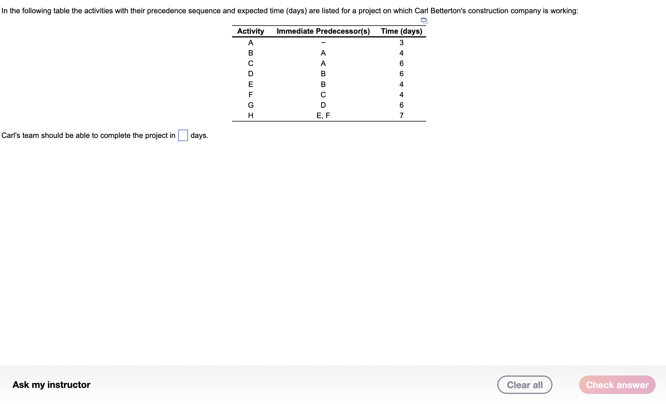 Solved Carl's team should be able to complete the project in | Chegg.com