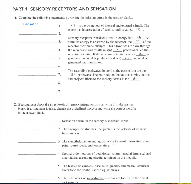 Solved PART 1: SENSORY RECEPTORS AND SENSATION 1. Complete | Chegg.com