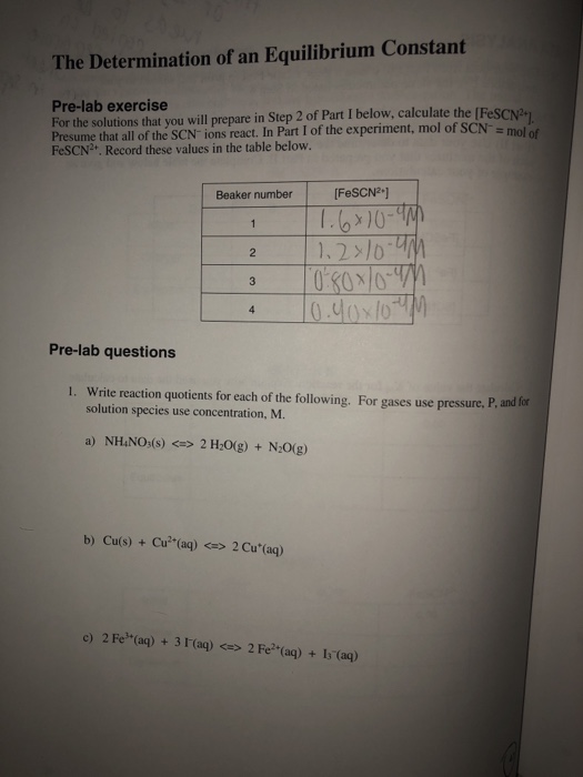 Solved The Determination of an Equilibrium Constant Pre-lab | Chegg.com