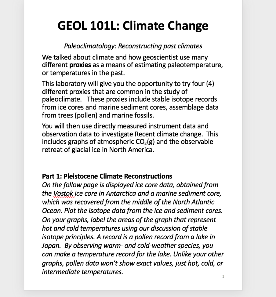 GEOL 101L: Climate Change Paleoclimatology: | Chegg.com