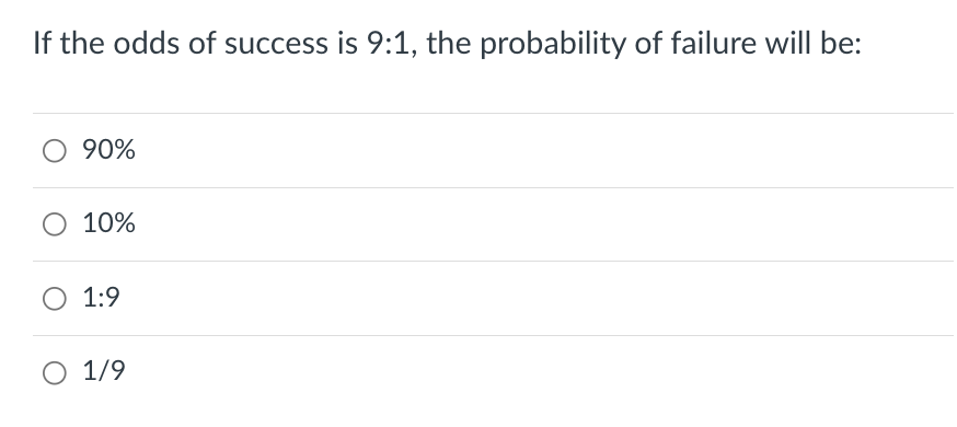 Solved If the odds of success is 9:1, the probability of | Chegg.com