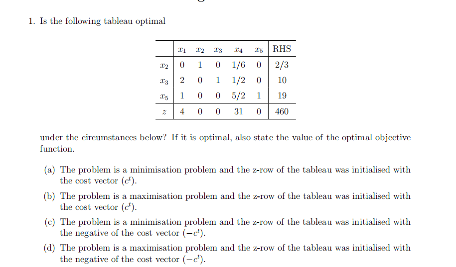 Solved 1. Is the following tableau optimal under the | Chegg.com