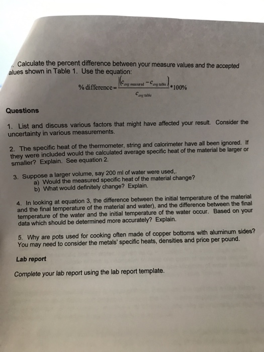 Calculate the percent difference between your measure | Chegg.com
