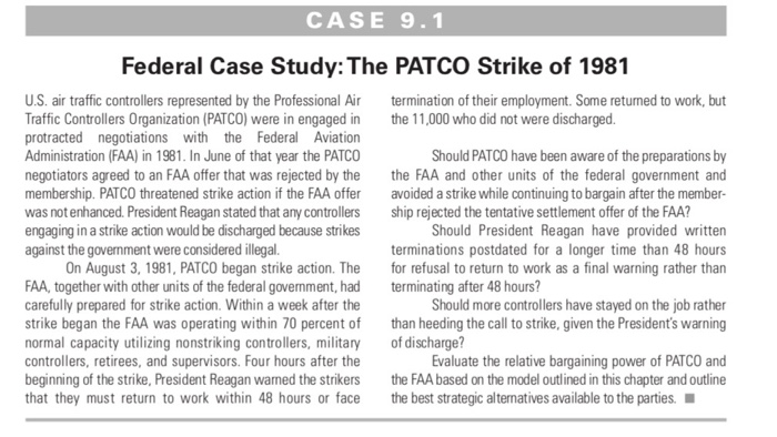 CASE 9.1 Federal Case Study: The PATCO Strike of 1981 | Chegg.com