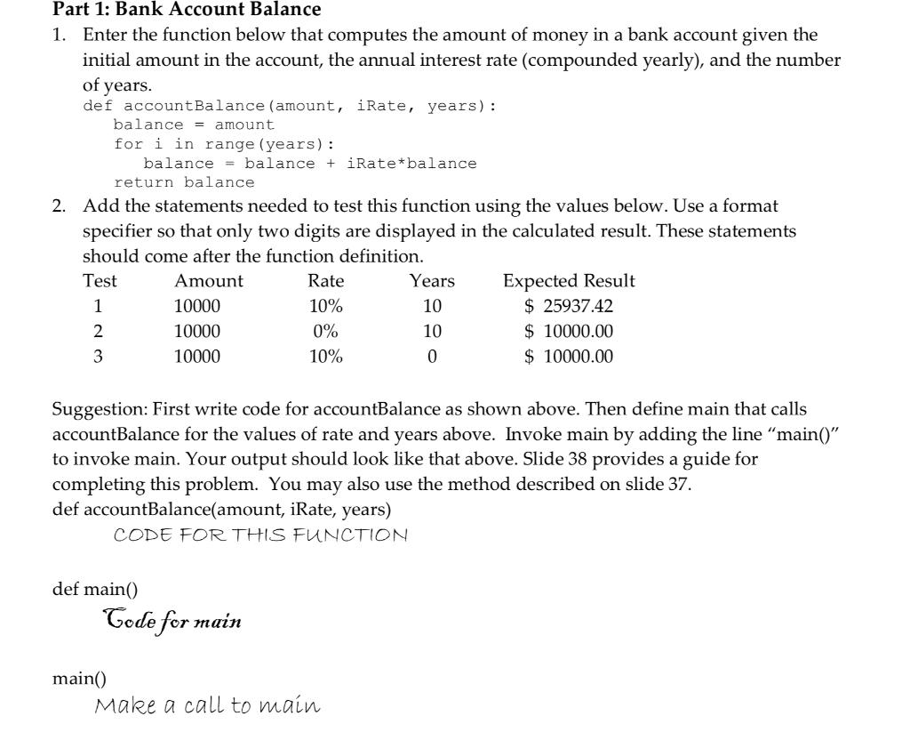 Solved Part 1: Bank Account Balance 1. Enter the function | Chegg.com