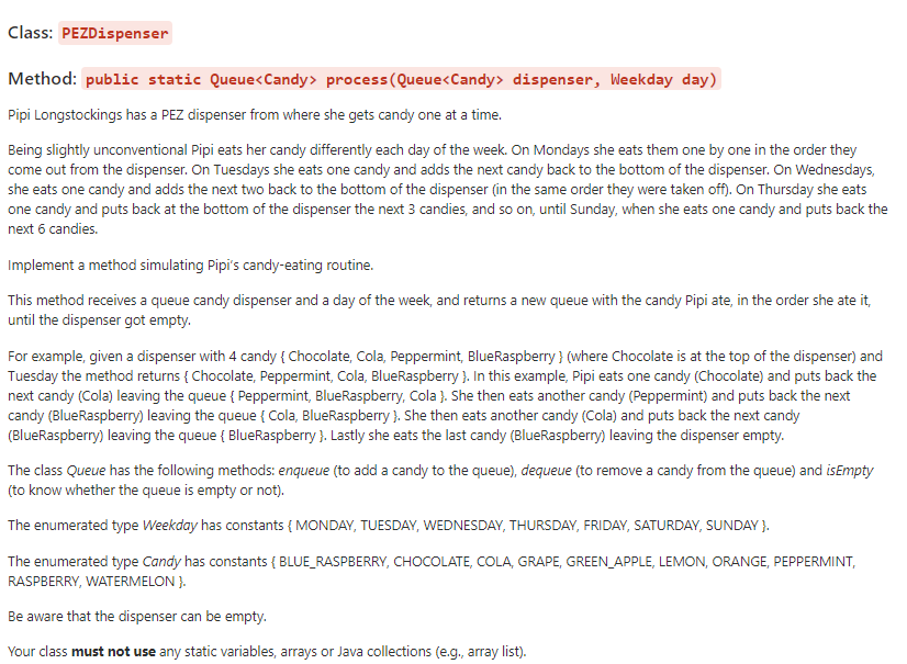 Class: PEZDispenser Method: public static Queue | Chegg.com