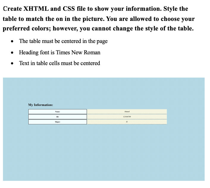 Solved Create XHTML and CSS file to show your information. | Chegg.com