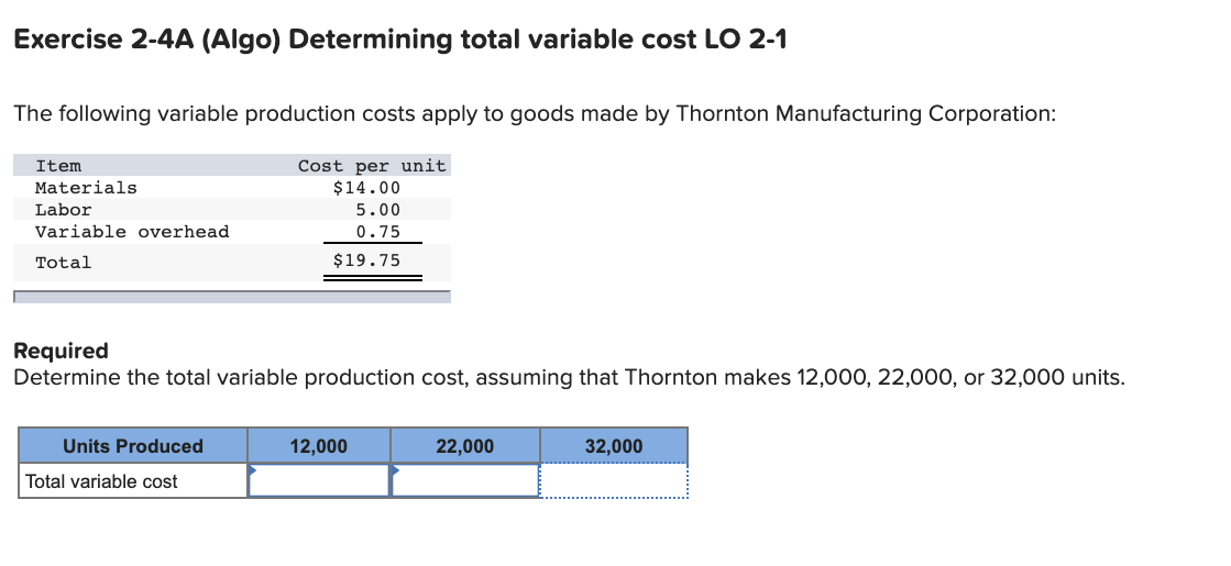 Solved Exercise 2-4A (Algo) Determining total variable cost | Chegg.com