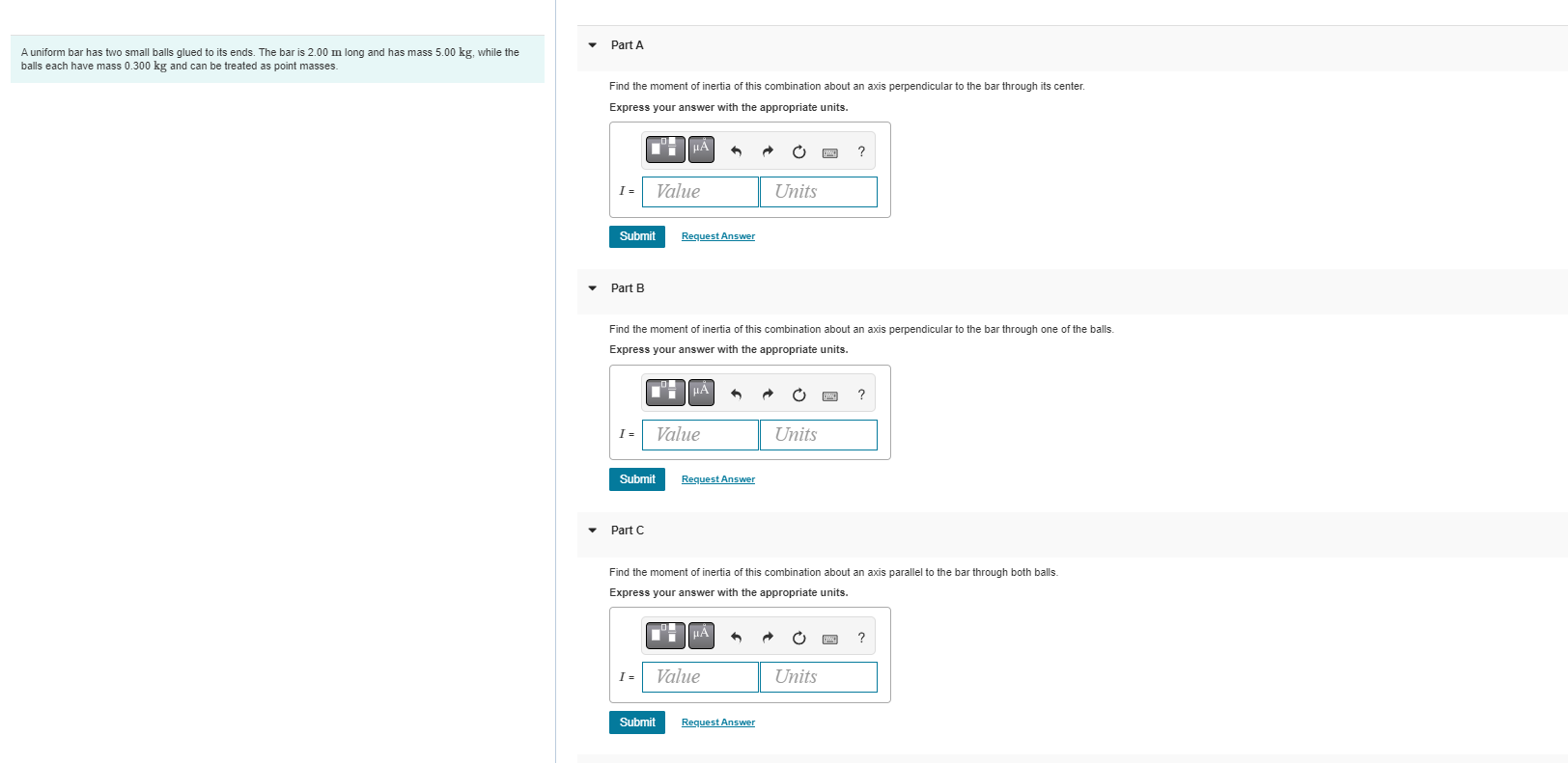 Solved A uniform bar has two small balls glued to its ends. | Chegg.com