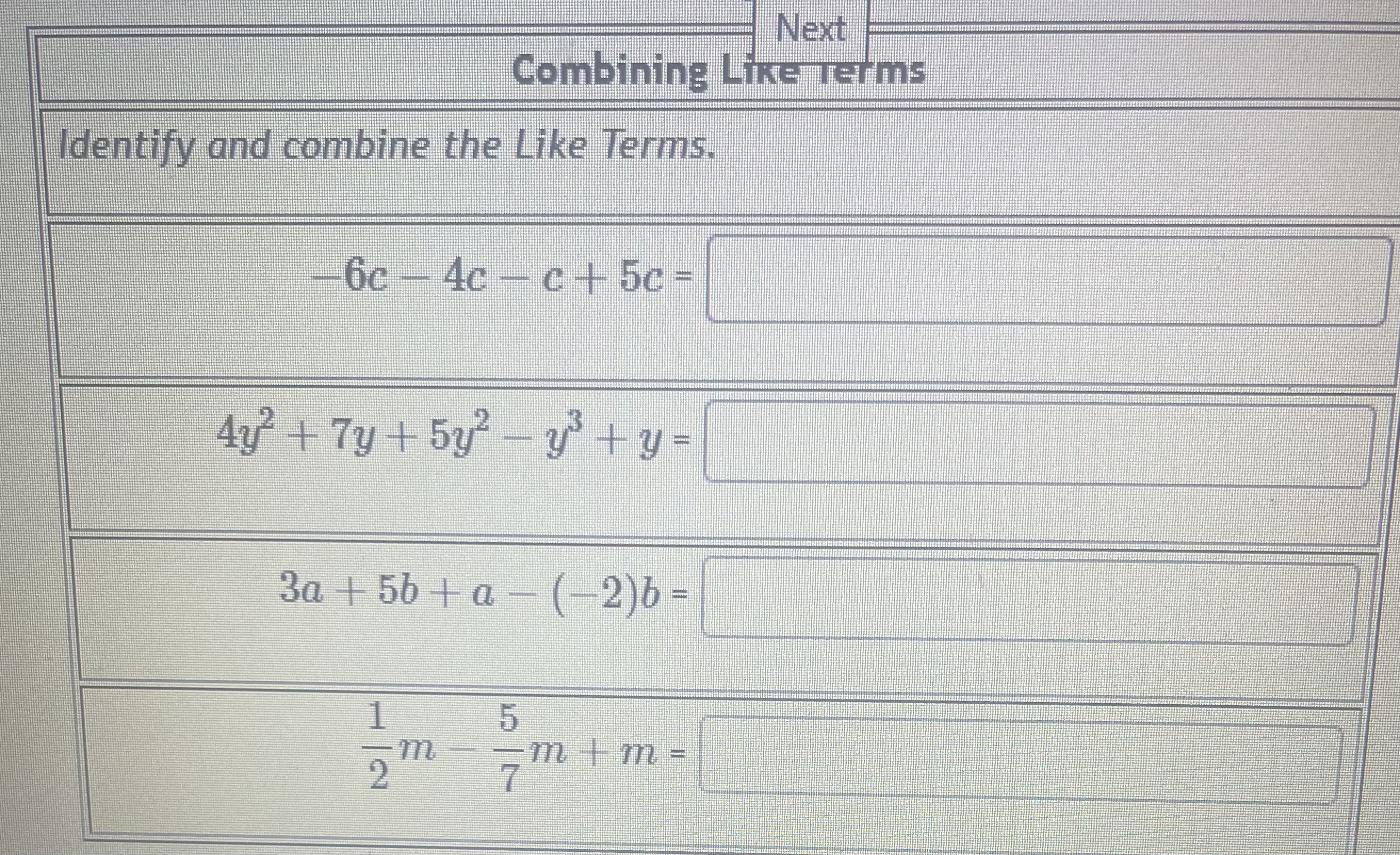 Solved Identify and combine the Like Terms. −6c−4c−c+5c= | Chegg.com