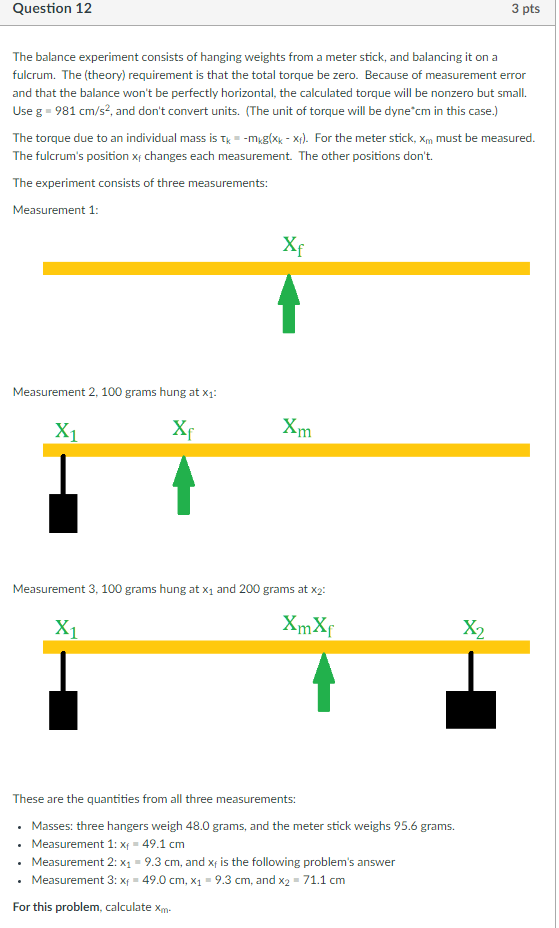 Solved Question 12 3 pts The balance experiment consists of | Chegg.com