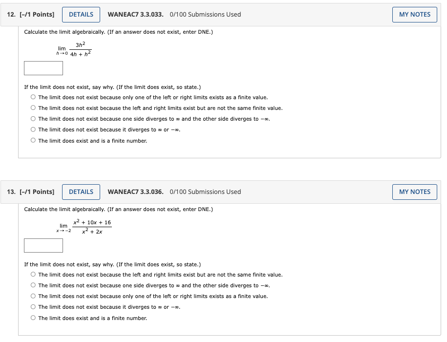 Solved Calculate The Limit Algebraically If An Answer Does 7721