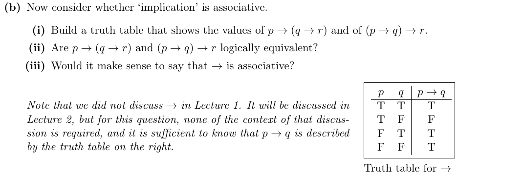 b) Now consider whether 'implication' is associative. | Chegg.com
