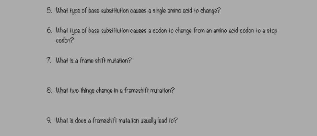 Solved 5. What type of base substitution causes a single | Chegg.com