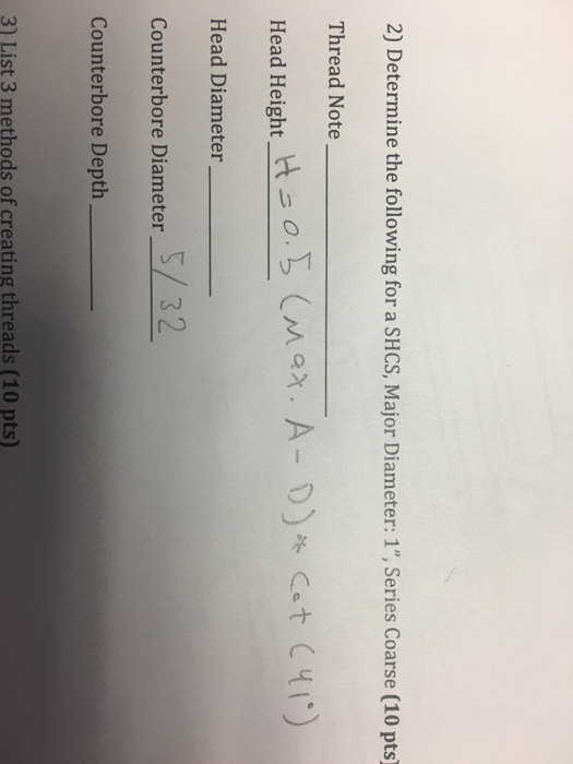 Solved Determine the following for a SHCS, Major Diameter: | Chegg.com