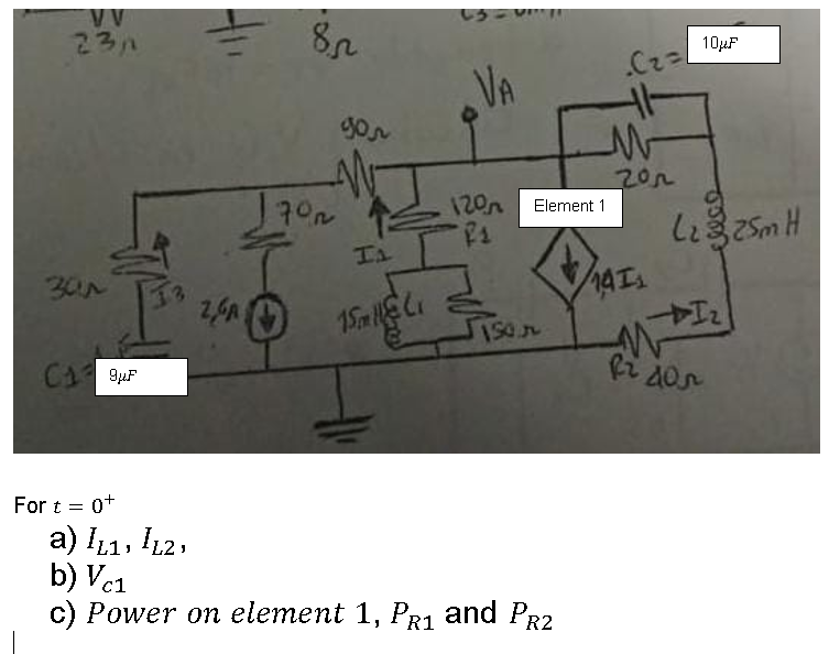 Solved For t=0+ a) IL1,IL2, b) Vc1 c) Power on element 1, | Chegg.com