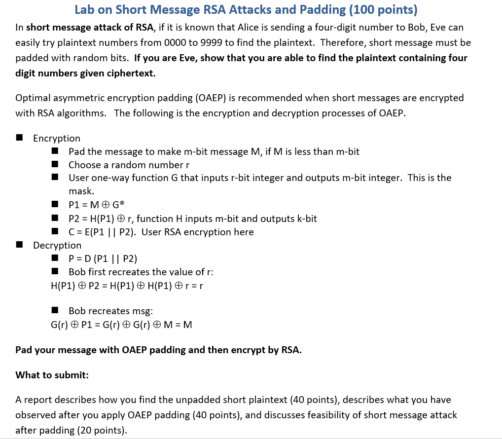 Lab on Short Message RSA Attacks and Padding (100 | Chegg.com