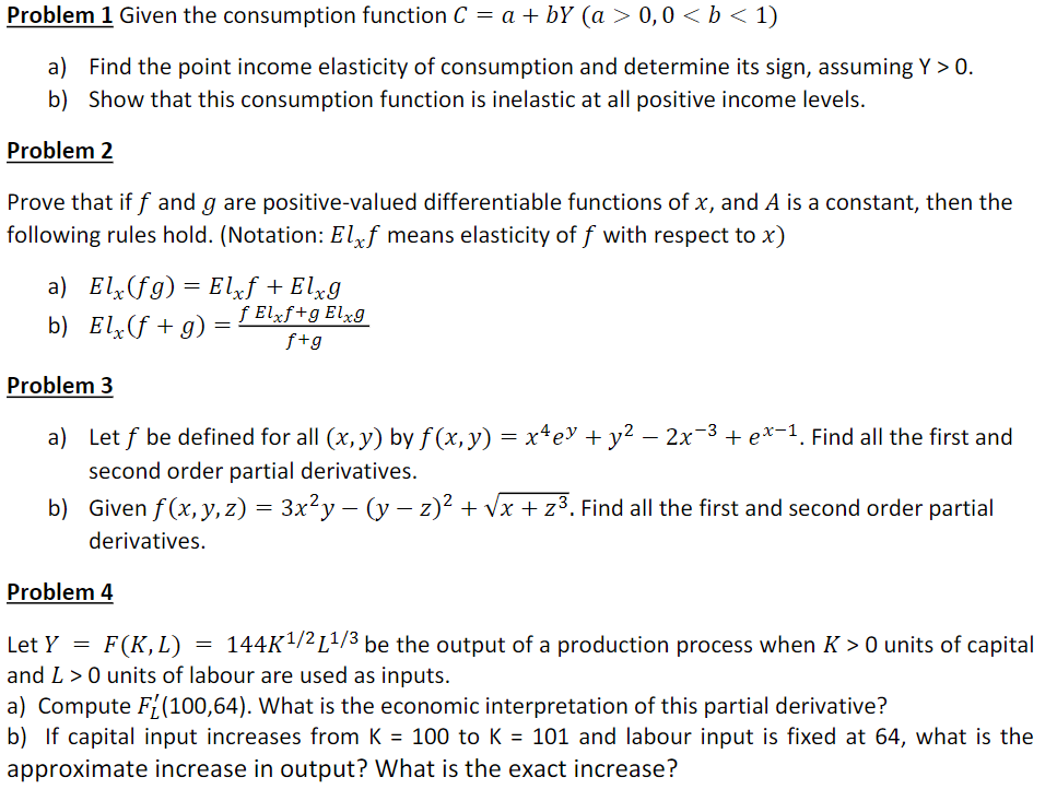 Solved Problem 1 Given the consumption function | Chegg.com