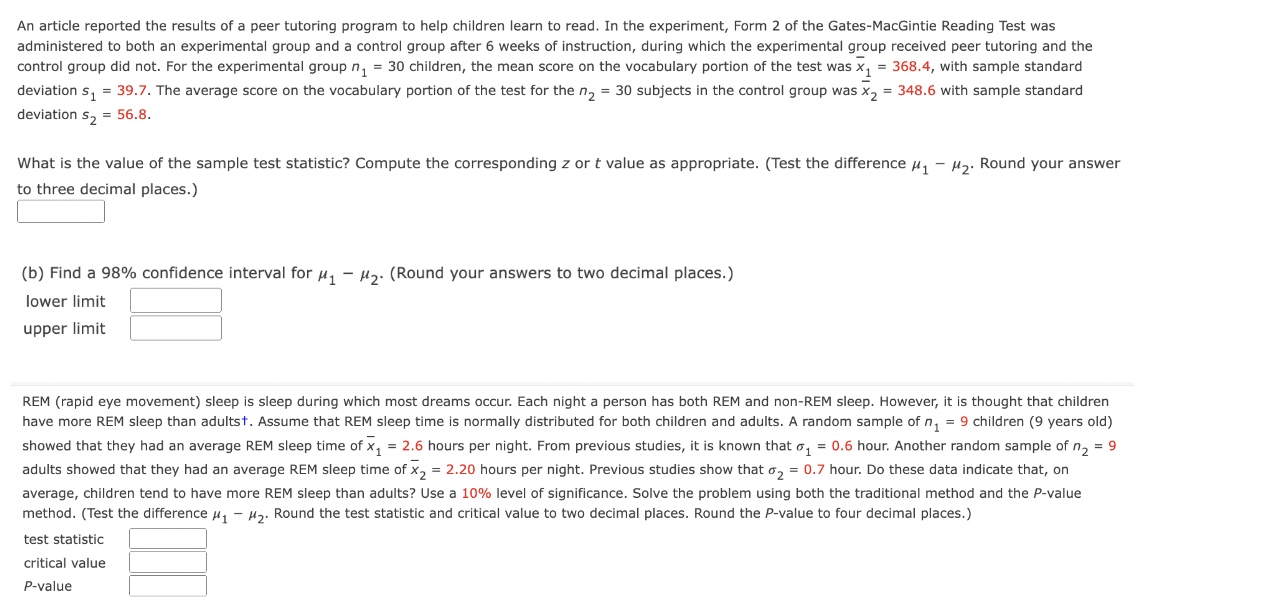 Solved An article reported the results of a peer tutoring | Chegg.com