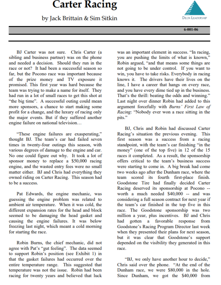 Solved Carter Racing by Jack Brittain & Sim Sitkin DELTA | Chegg.com