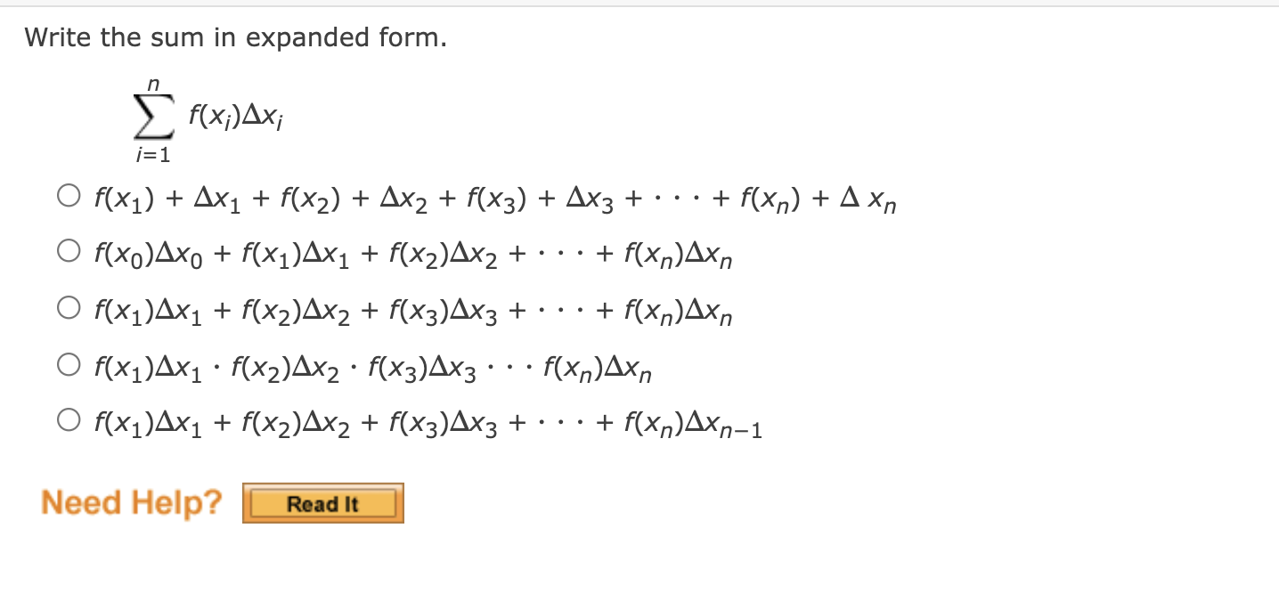 Solved Write the sum in expanded form. Ś ) f(xi)Axi i=1 O | Chegg.com
