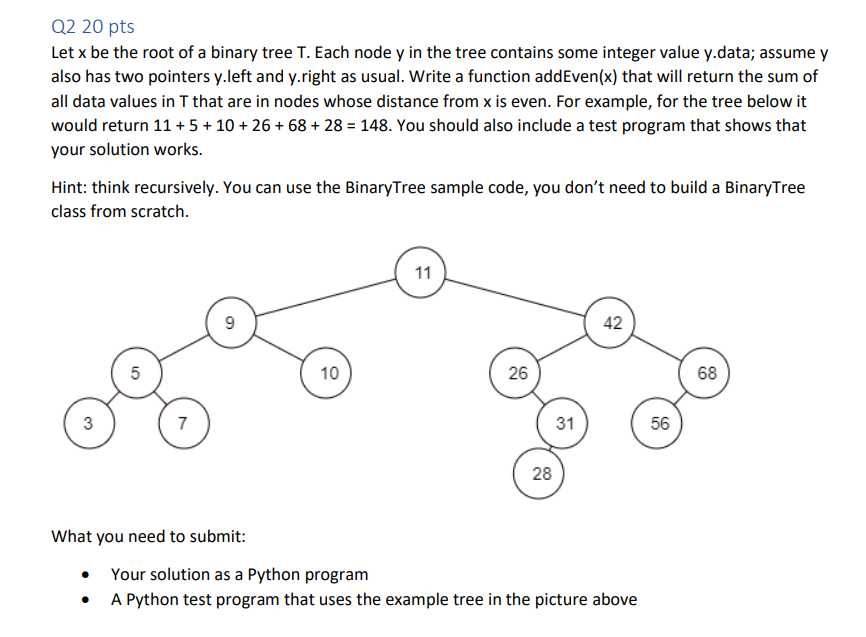 Solved Q2 20 pts Let x be the root of a binary tree T. Each | Chegg.com