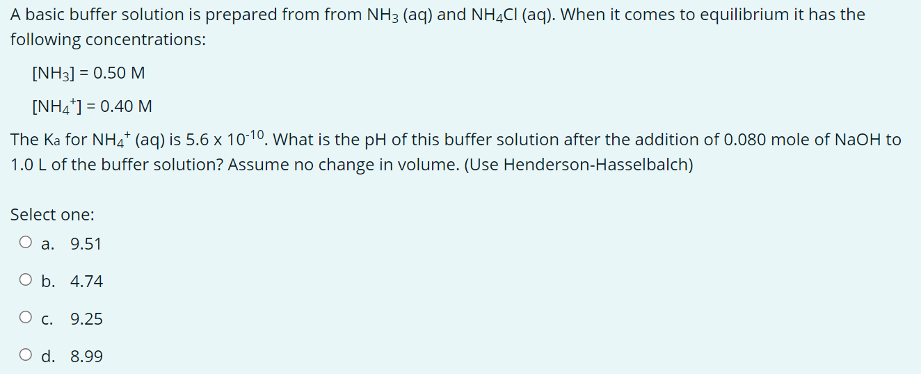 Solved A basic buffer solution is prepared from from NH3 | Chegg.com