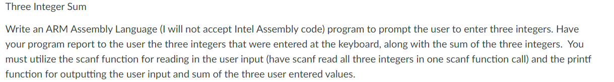 Solved Three Integer Sum Write an ARM Assembly Language (I | Chegg.com