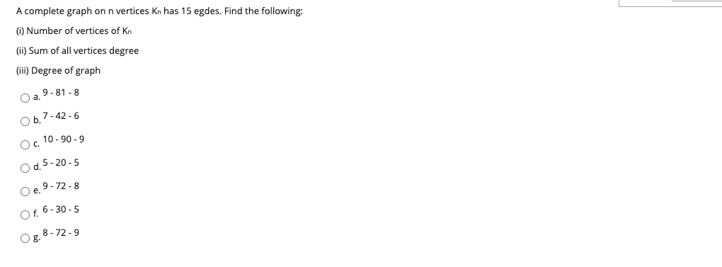 Solved A complete graph on n vertices Kn has 15 egdes. Find | Chegg.com
