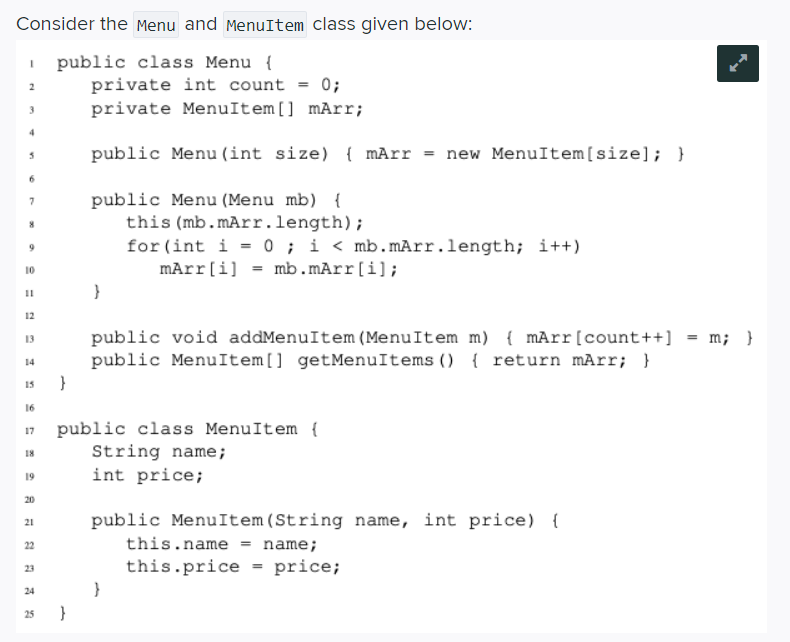 Solved Consider the Menu and MenuItem class given below: | Chegg.com