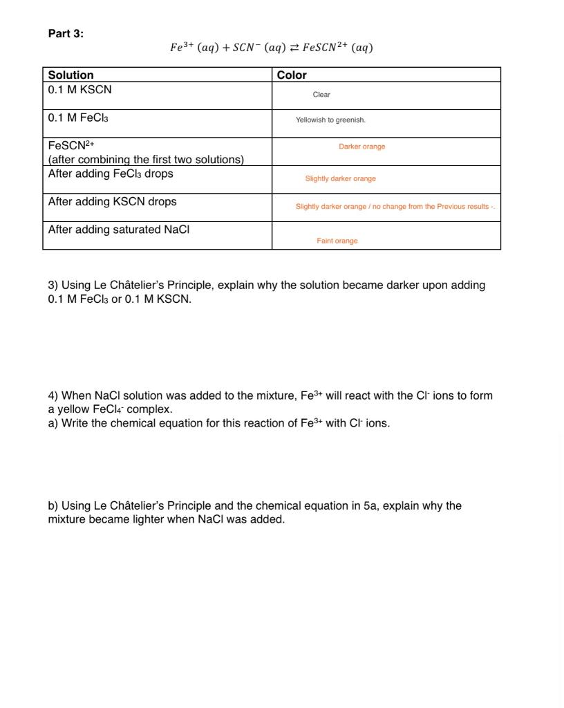 Solved Part 3: Fe3+ (aq) + SCN- (aq) = FeSCN2+ (aq) Color | Chegg.com