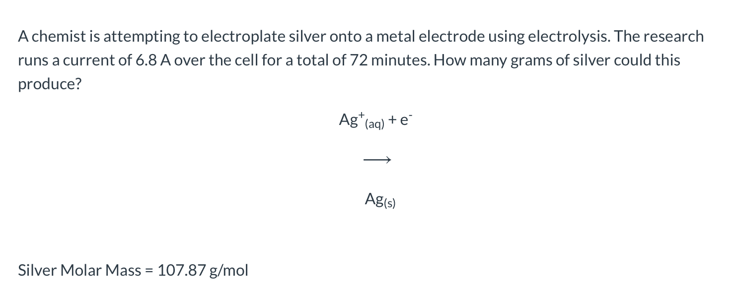 Solved A chemist is attempting to electroplate silver onto a | Chegg.com