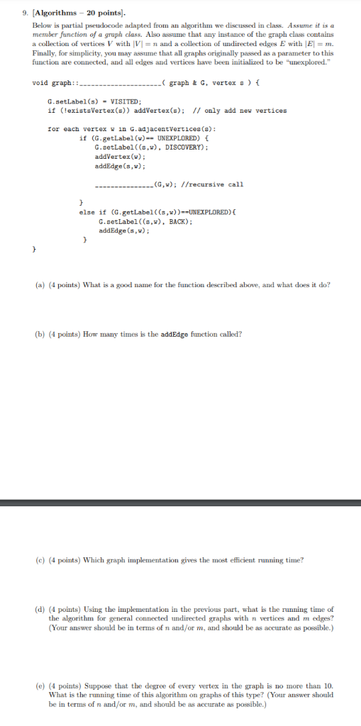 9. [Algorithms 20 points] Below is partial pseudocode | Chegg.com