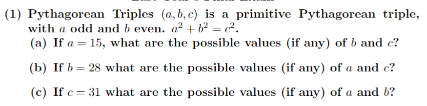 (1) Pythagorean Triples (a,b,c) is a primitive | Chegg.com