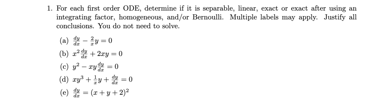 Solved For each first order ODE, determine if it is | Chegg.com